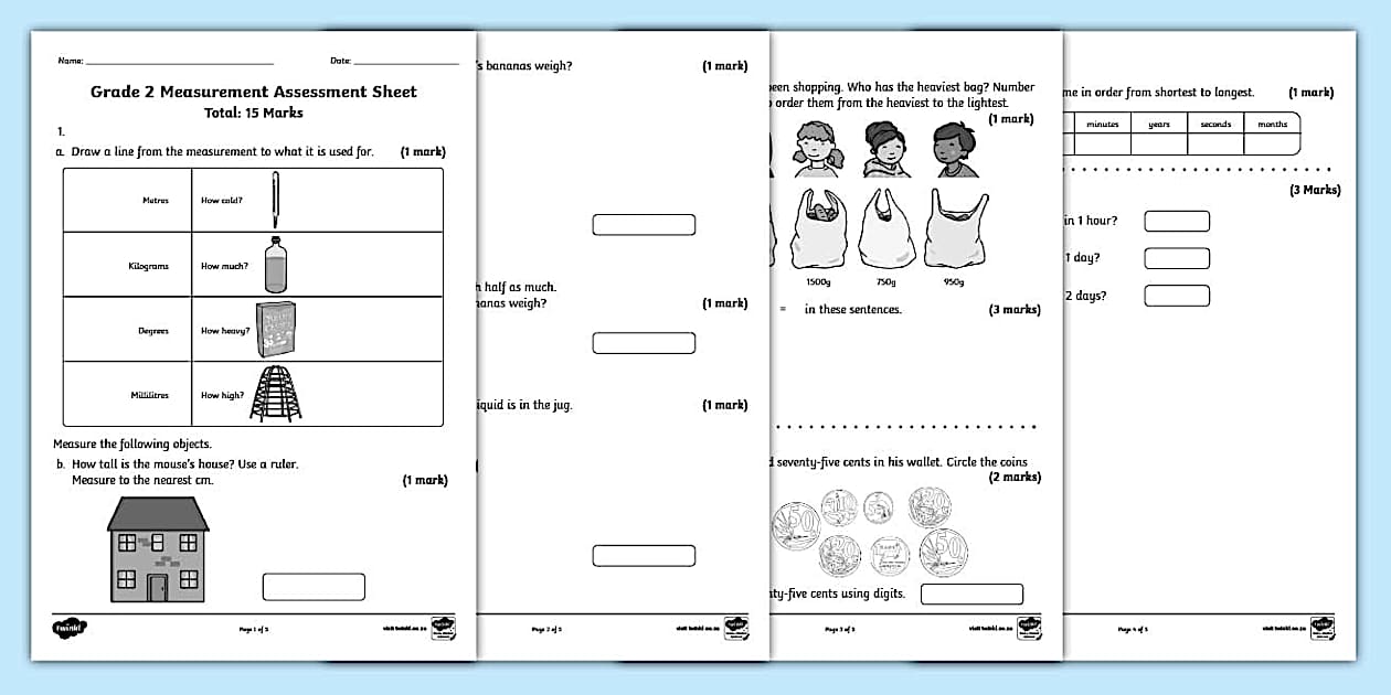 Grade 2: Measurement Assessment Sheet (teacher made)