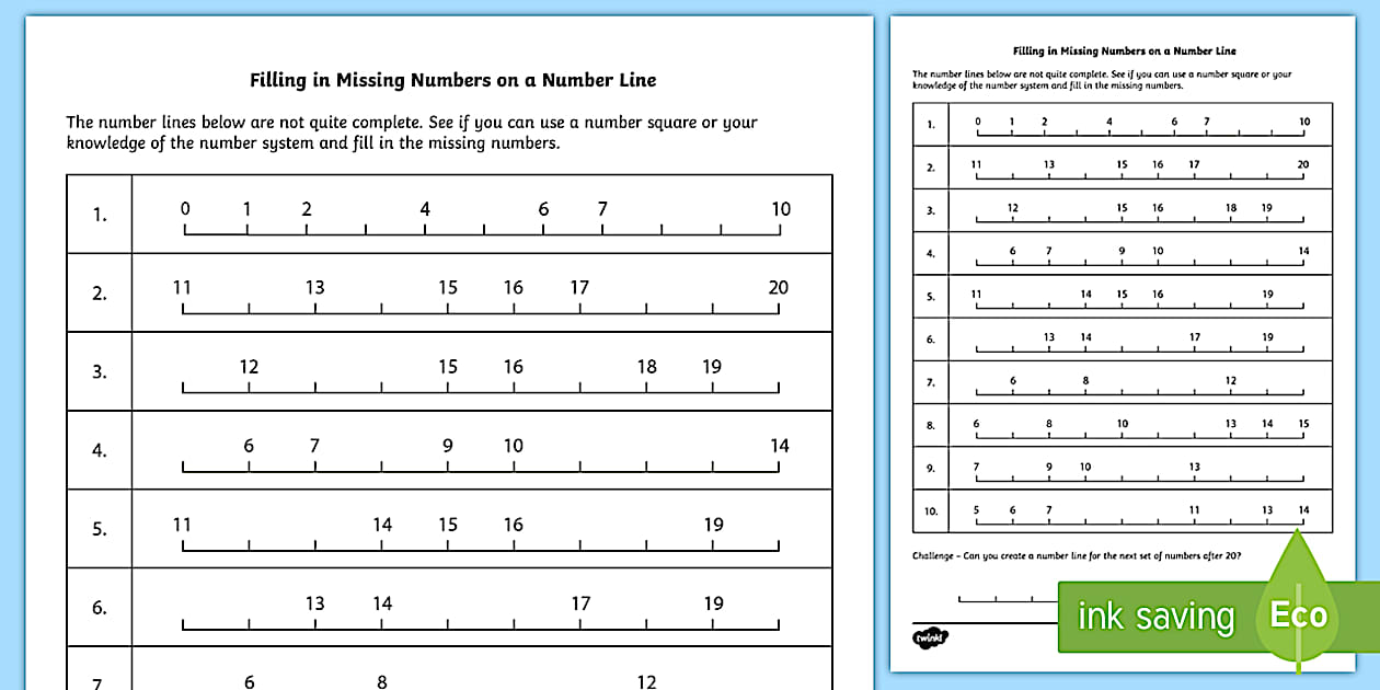 Filling in Missing Numbers on a Number Line to 20 Worksheet / Worksheet