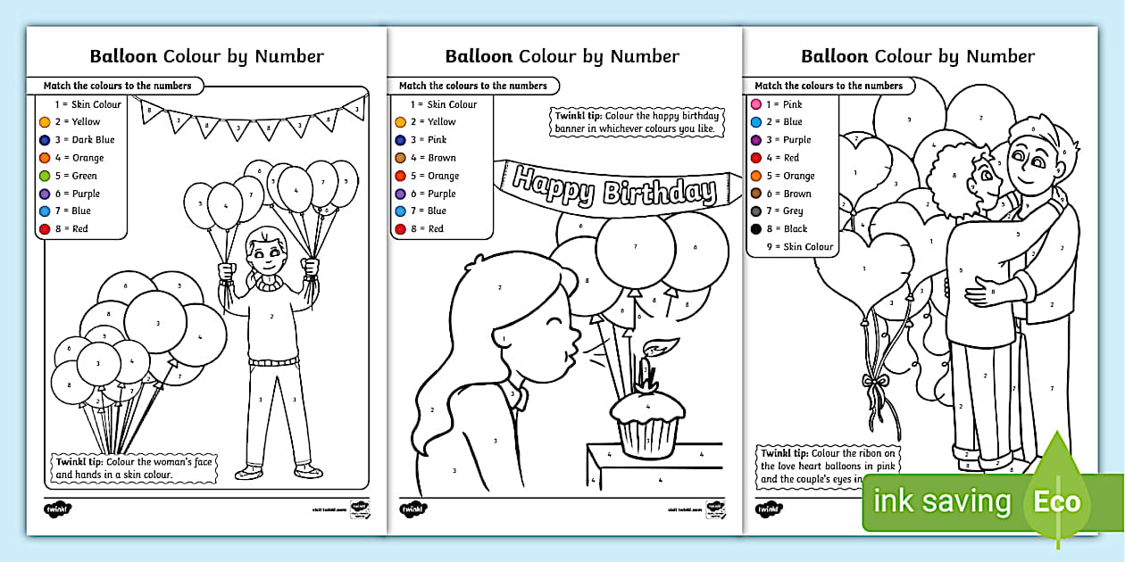 Balloon Colour by Number Pages (teacher made) - Twinkl