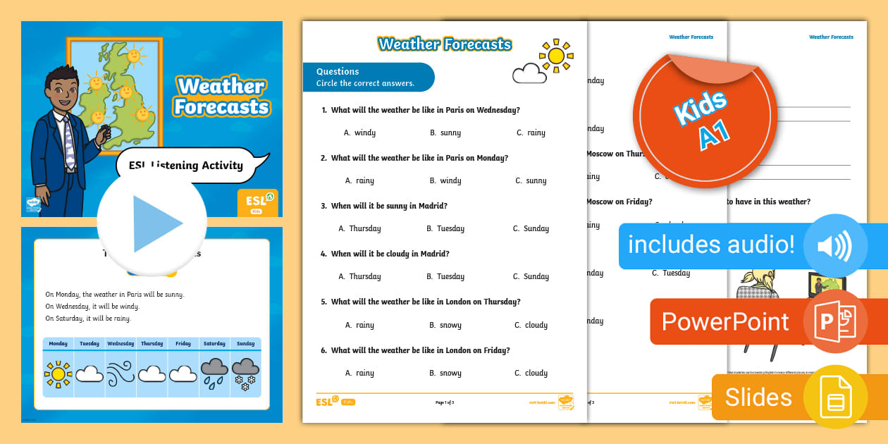 ESL Weather Forecast: Listening Activity [Kids, A1] - Twinkl
