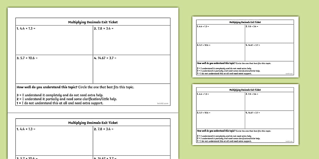 Seventh Grade Multiplying Decimals Exit Ticket - Twinkl