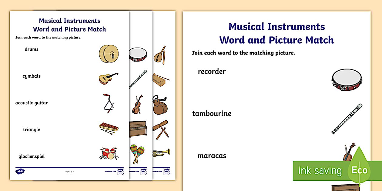 Editable Musical Instruments Word and Picture Matching Worksheets