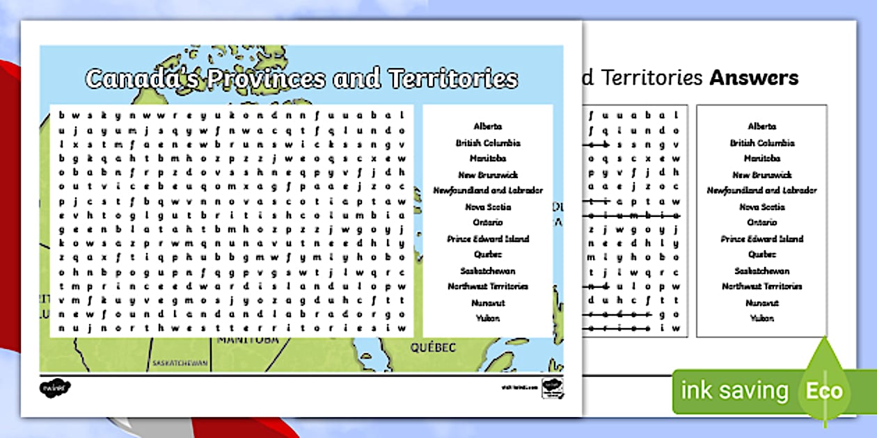 Canada's Provinces Territories Word Search - Geography Game