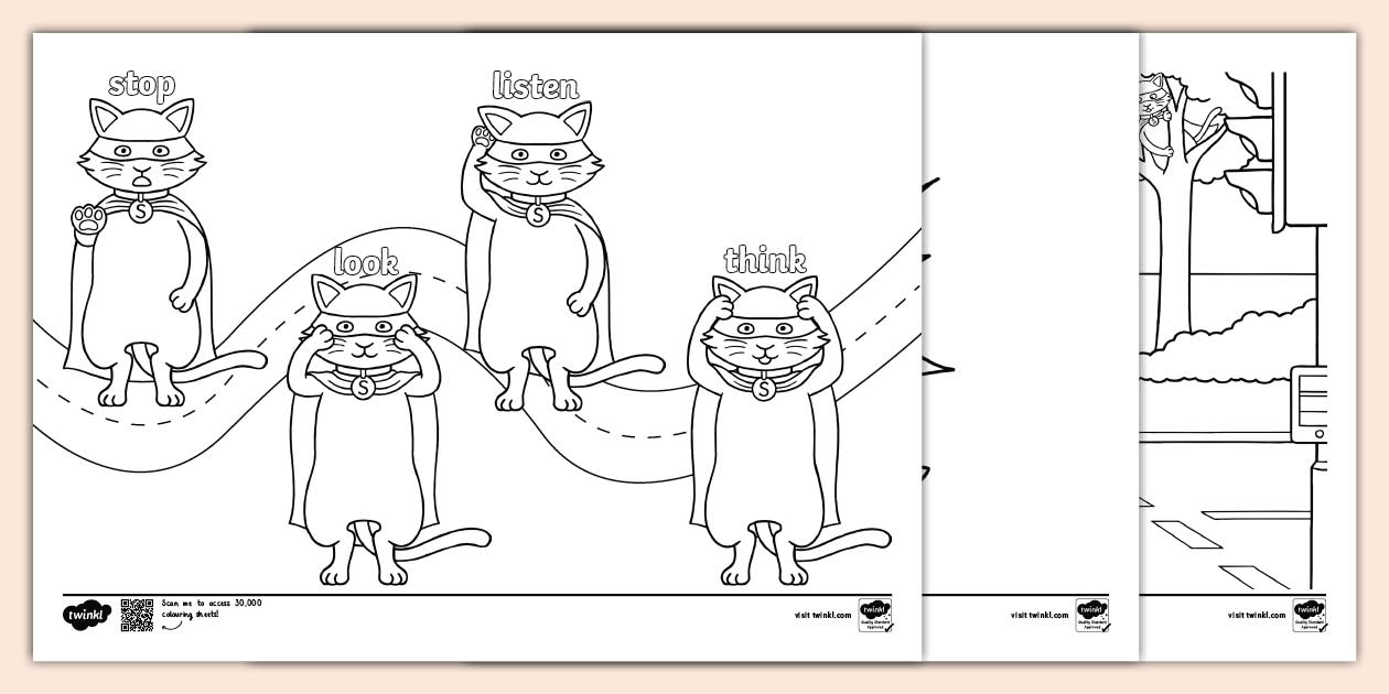 Super Cat Pictures - Road Safety Colouring Pages