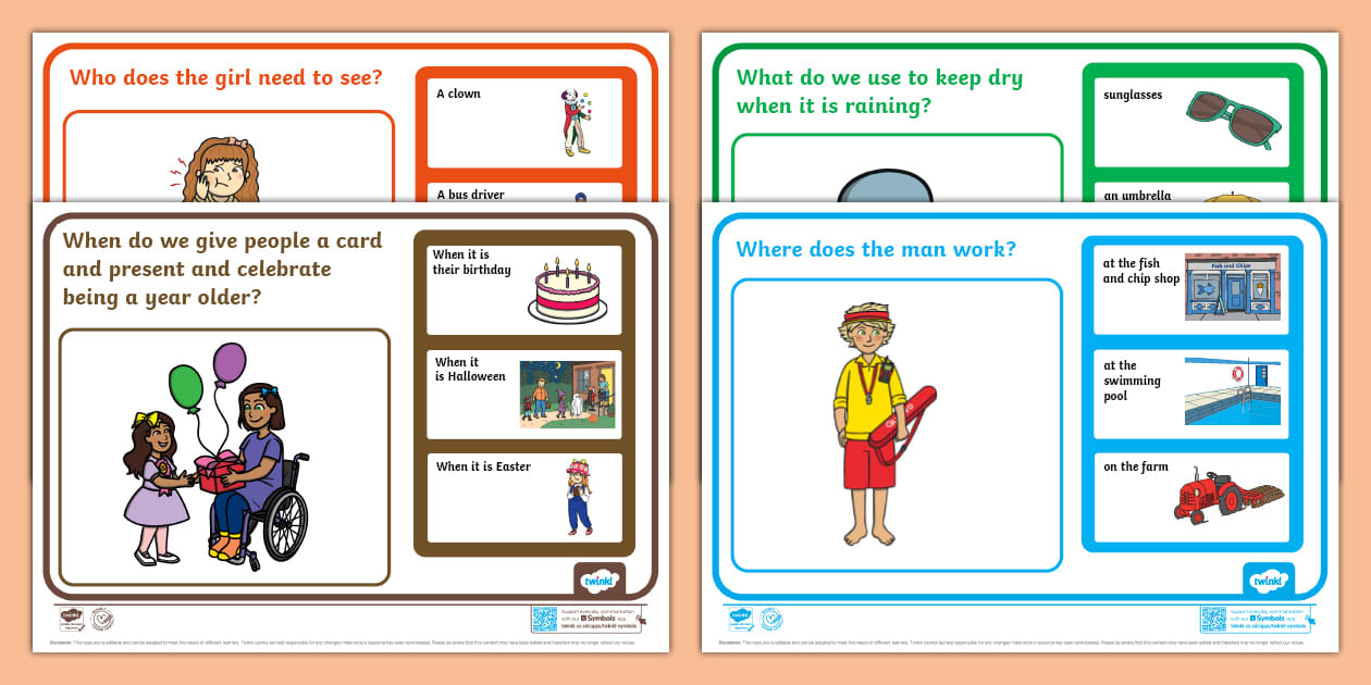 Colourful Semantics Question Cards: When, Who, Where, What