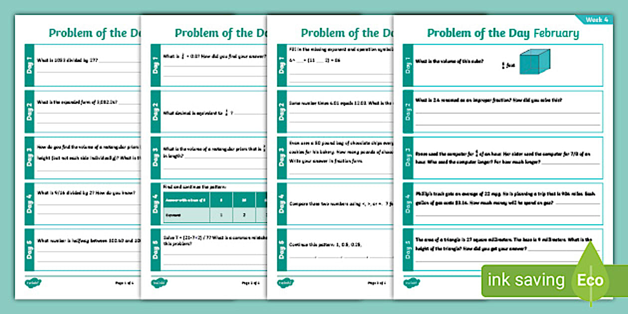 Fifth Grade Math Problem of the Day - February Worksheet
