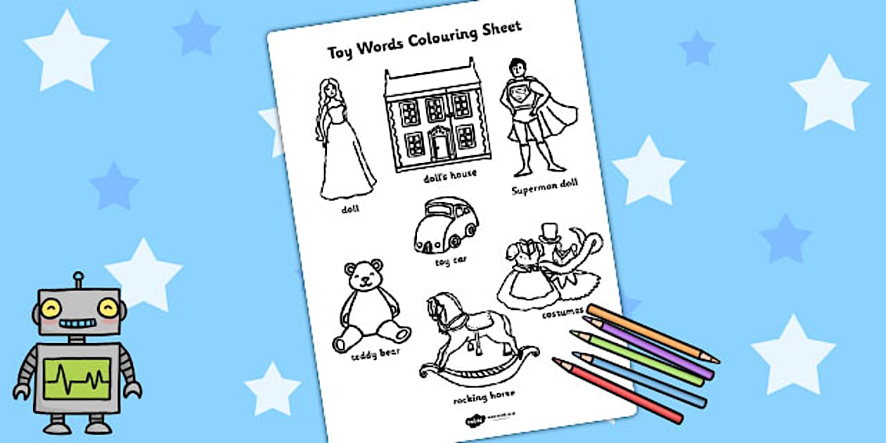Toy Words Coloring Sheet (Teacher-Made) - Twinkl