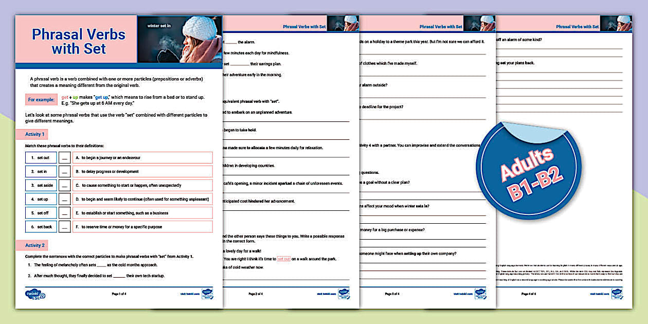 ESL Phrasal Verbs with Set Worksheet [Adult, B1-B2] - Twinkl