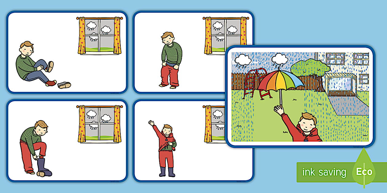 Tarjetas de secuenciar de cuento: Día de lluvia - Twinkl