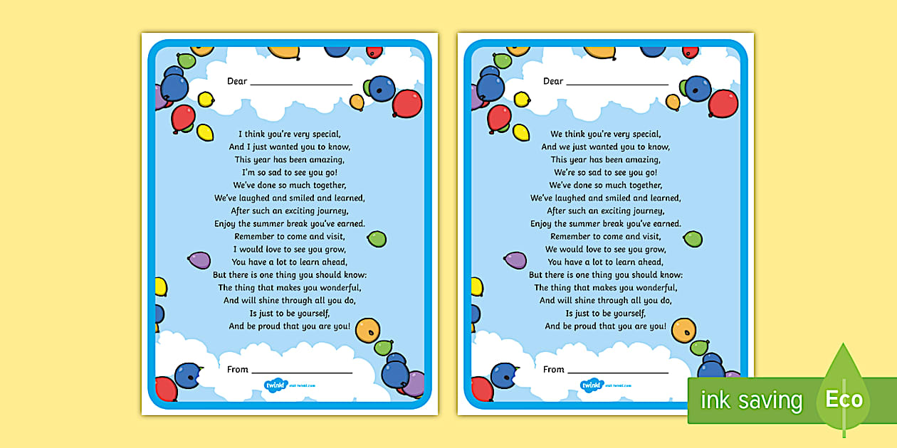 Editable End of Year Poem (teacher made) - Twinkl