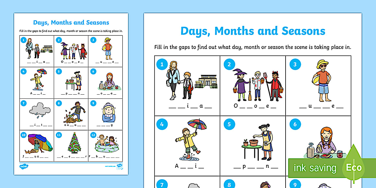 Days, Months and Seasons Missing Letters Write Up Worksheet / Worksheet