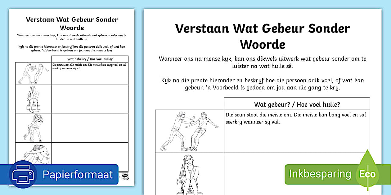 Verstaan Wat Gebeur Sonder Woorde Werkkaart (teacher made)