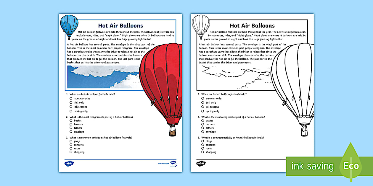 Third Grade Hot Air Balloons Reading Passage Comprehension Worksheet