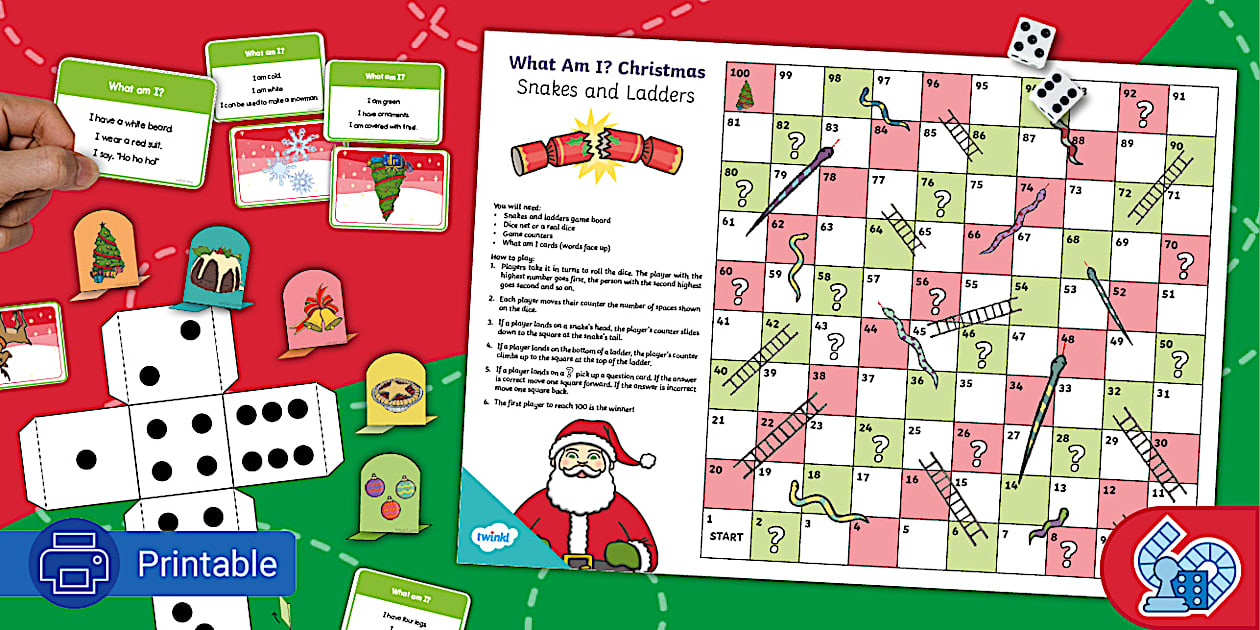 Christmas What Am I Snakes and Ladders Board Game - Twinkl
