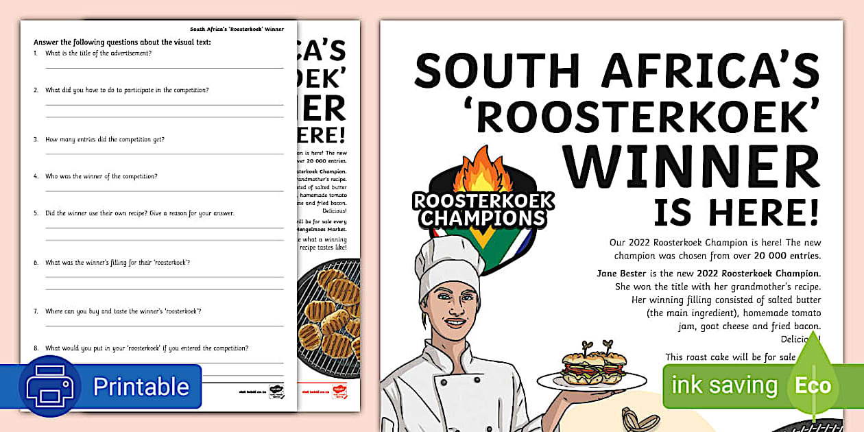 Visual Text Worksheet - The 'Roosterkoek' Champion - Twinkl