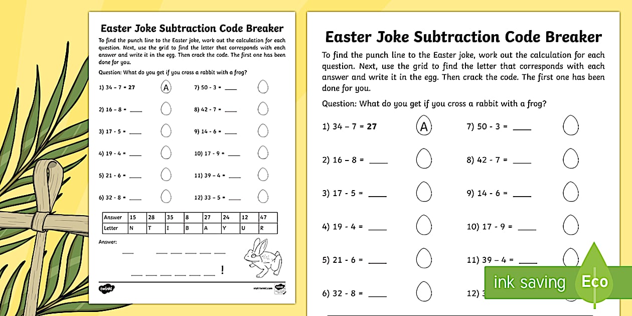 Easter Joke Subtraction Code Breaker Worksheet - Twinkl