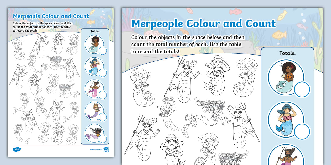 Merpeople Colour and Count Worksheet
