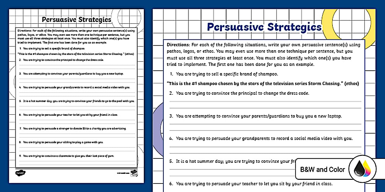 Persuasive Strategies Writing Worksheet for 6th-8th Grade