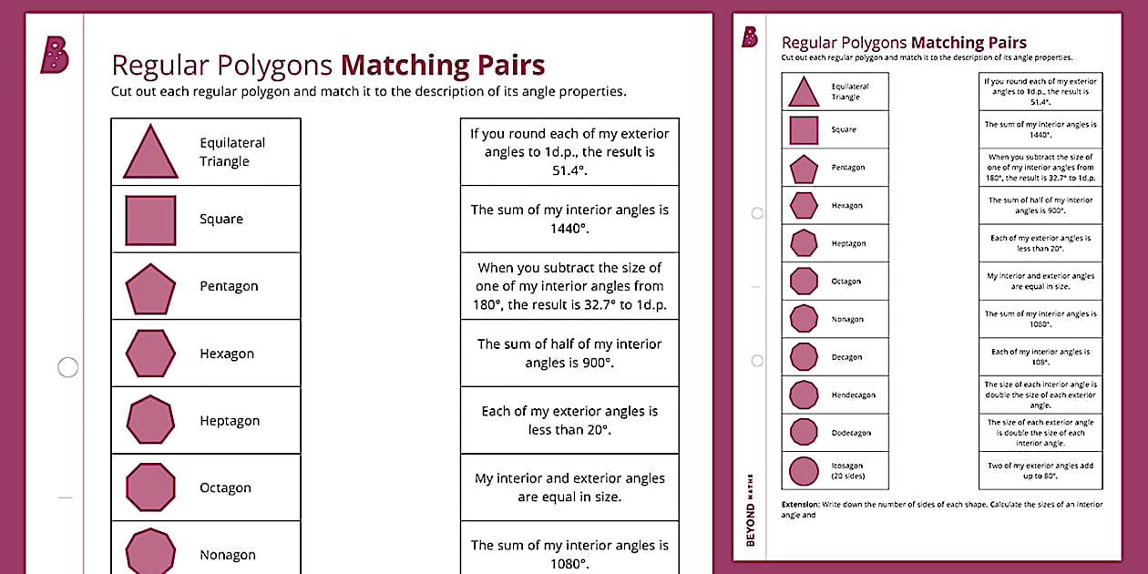 Regular Polygons Matching Pairs Activity Sheet - Twinkl