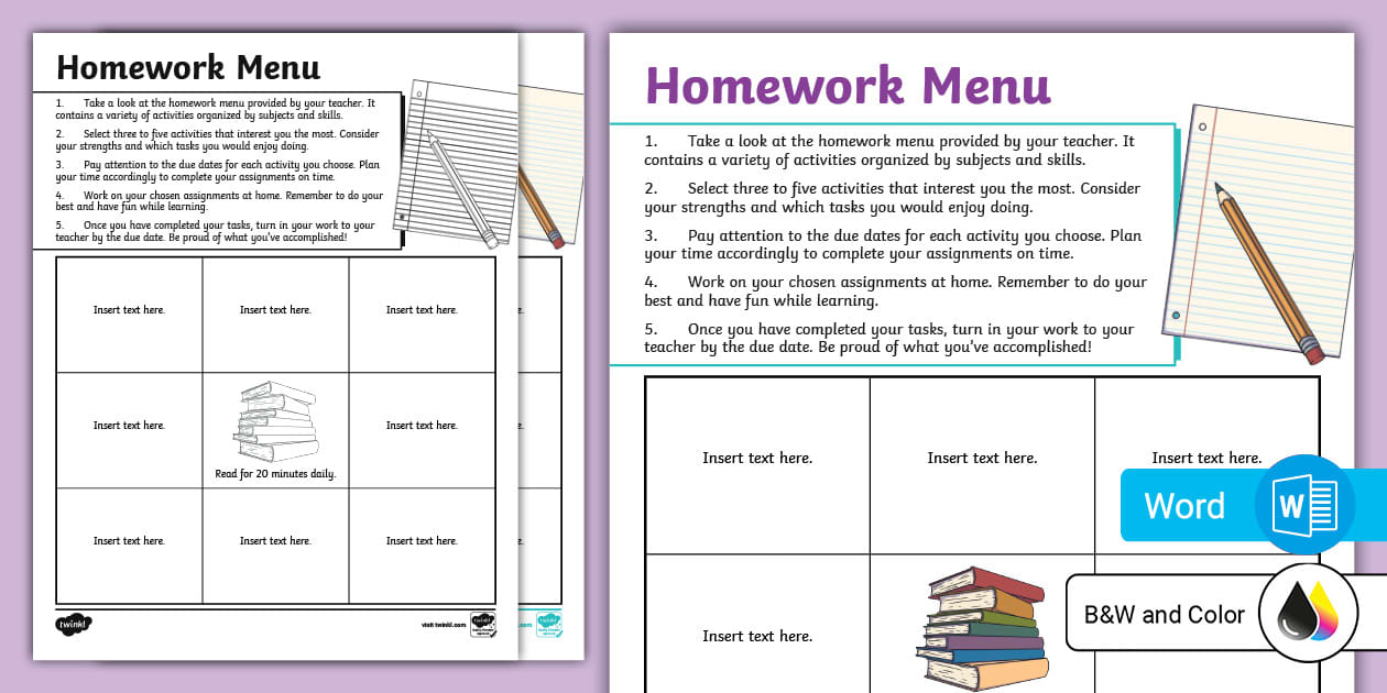 Editable Homework Menu for 3rd-5th Grade - Twinkl