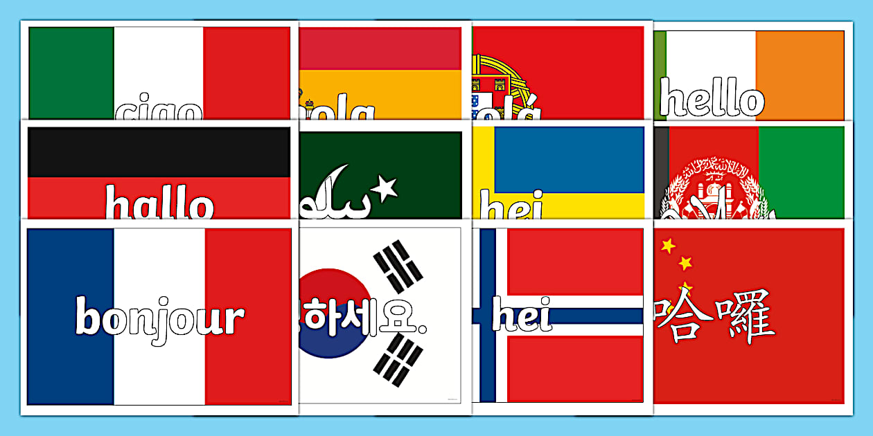 Hello on A4 Flags Languages - Twinkl