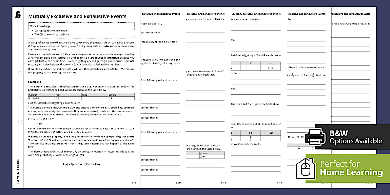 👉 Mutually Exclusive and Exhaustive Events KS4 Worksheet
