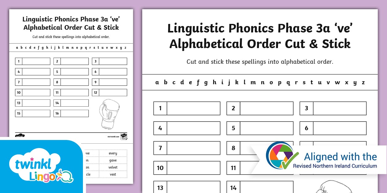 Linguistic Phonics Phase 3a 've' Alphabetical Order