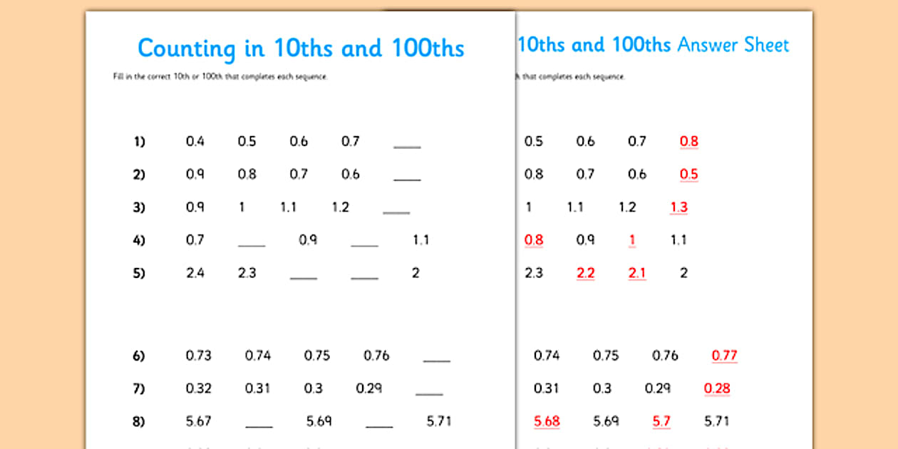 Counting in Tenths and Hundredths Worksheet / Worksheet