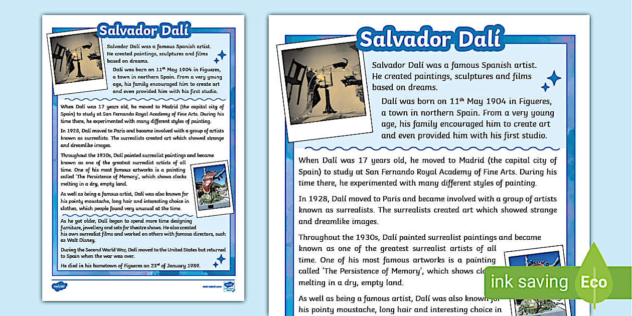 KS1 All About Salvador Dalí Fact File for Children - Twinkl