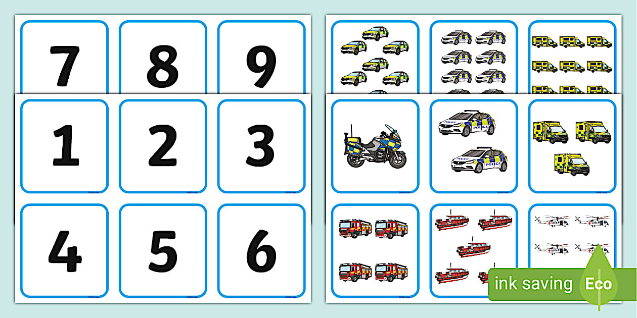 👉 Emergency Vehicle 1-10 Number and Quantity Matching Activity