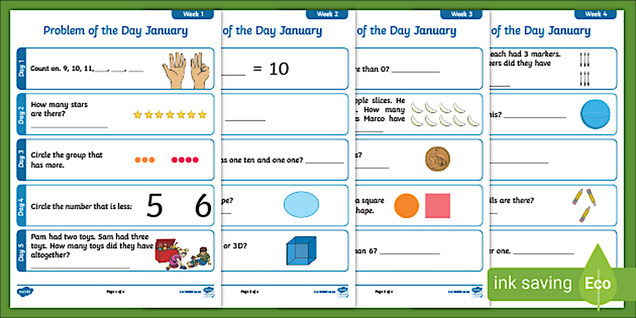 Grade 1 Math Problem of the Day: January | Math Calculations