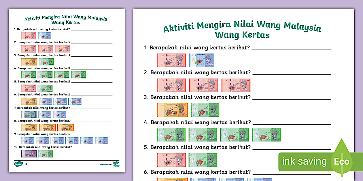 Latihan Matematik Tahun 2 Wang -Wang Kertas Ringgit Malaysia
