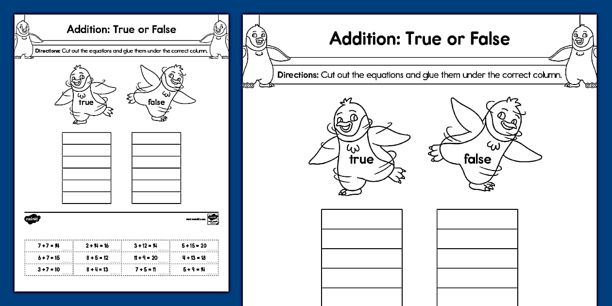 First Grade Winter Addition to 20 True or False Cut and Paste