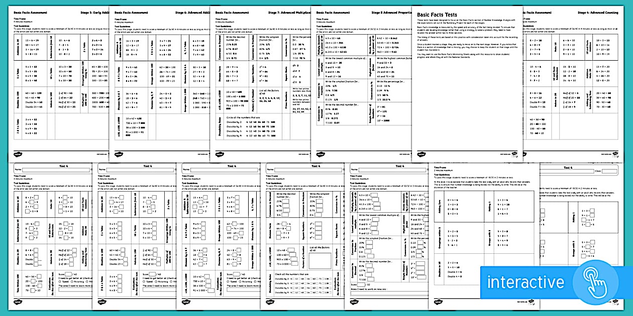 Basic Facts Test Set 4 Stages 3 to 8 Assessment Pack Worksheet / Worksheets