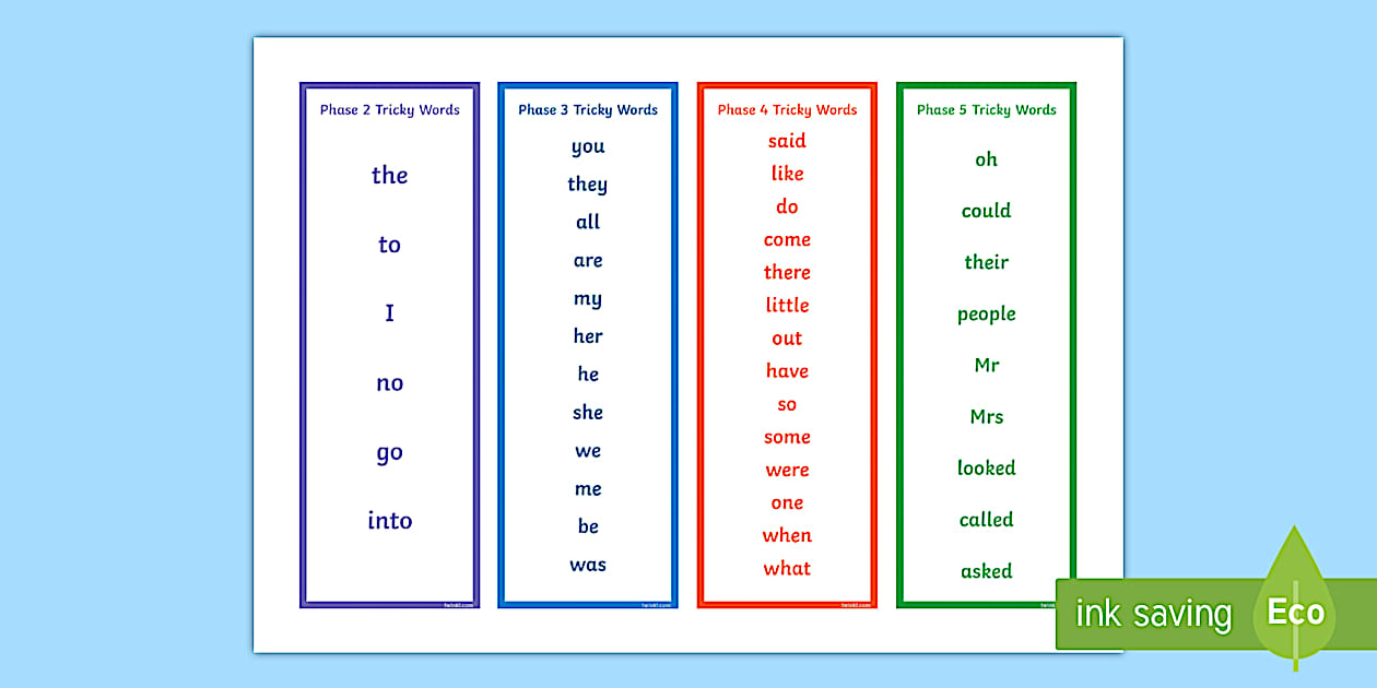 TAS Letters and Sounds Phase 2 to 5 Tricky Words Bookmarks