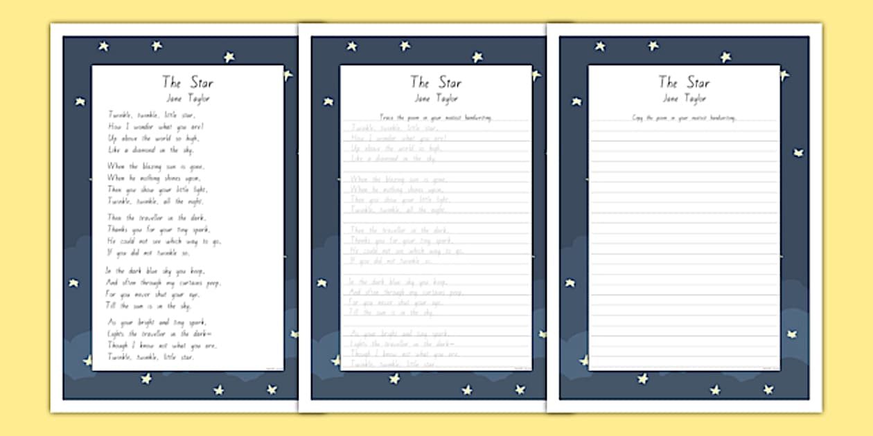 Black and White New Zealand The Star Poem Handwriting Practice Worksheets