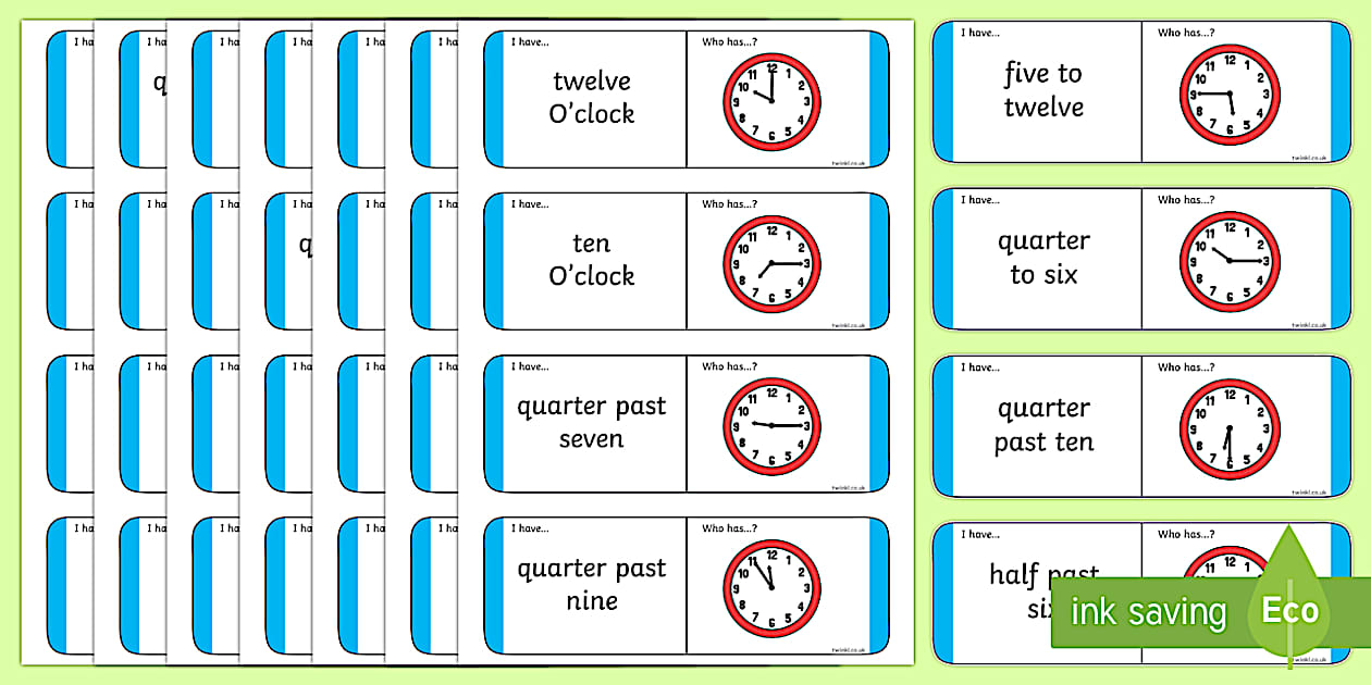 O'Clock, Half Past, Quarter Past and Quarter to Loop Cards With Five ...