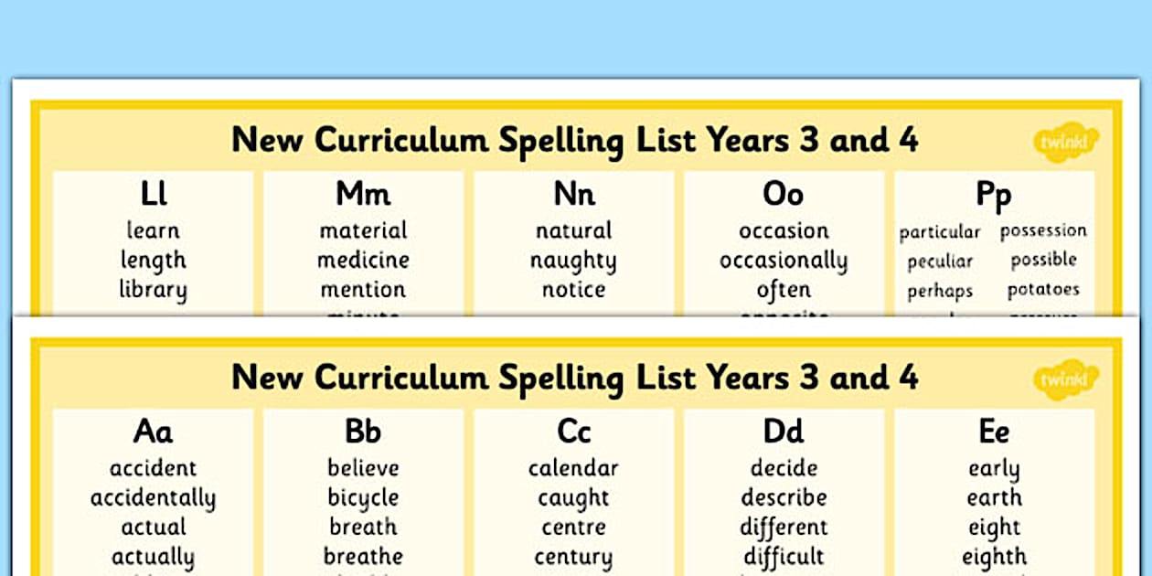 Dyslexic 2014 Curriculum Spelling List Years 3 And 4 Column Word Mat