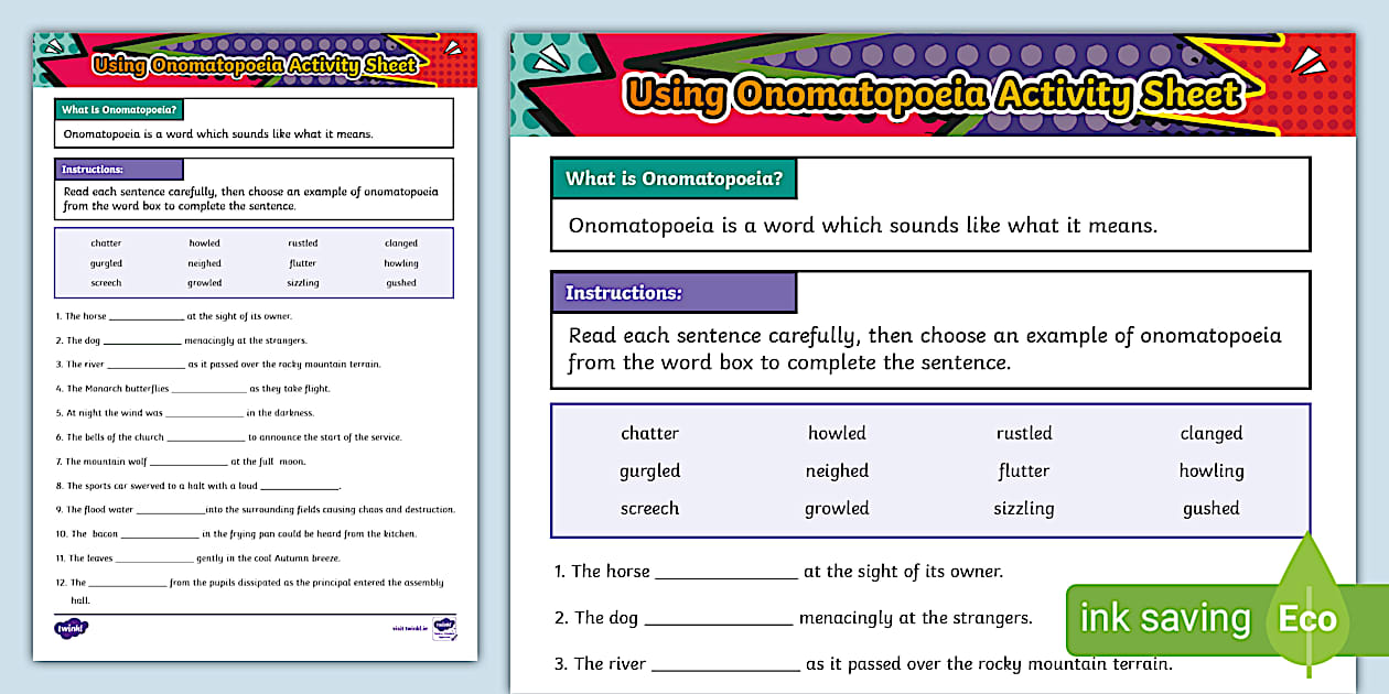 Using Onomatopoeia Activity Sheet (teacher made) - Twinkl