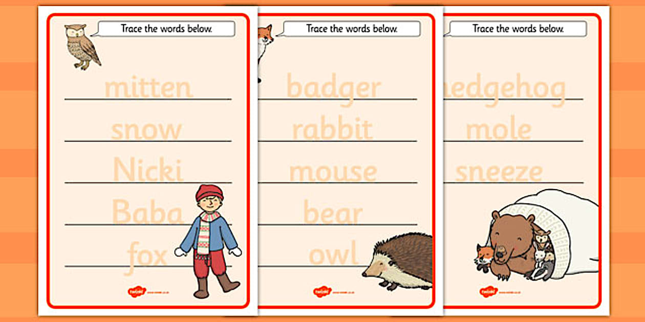 The Mitten Trace the Words Worksheets