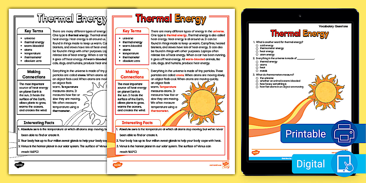 Second Grade Thermal Energy Fact File and Vocabulary Questions