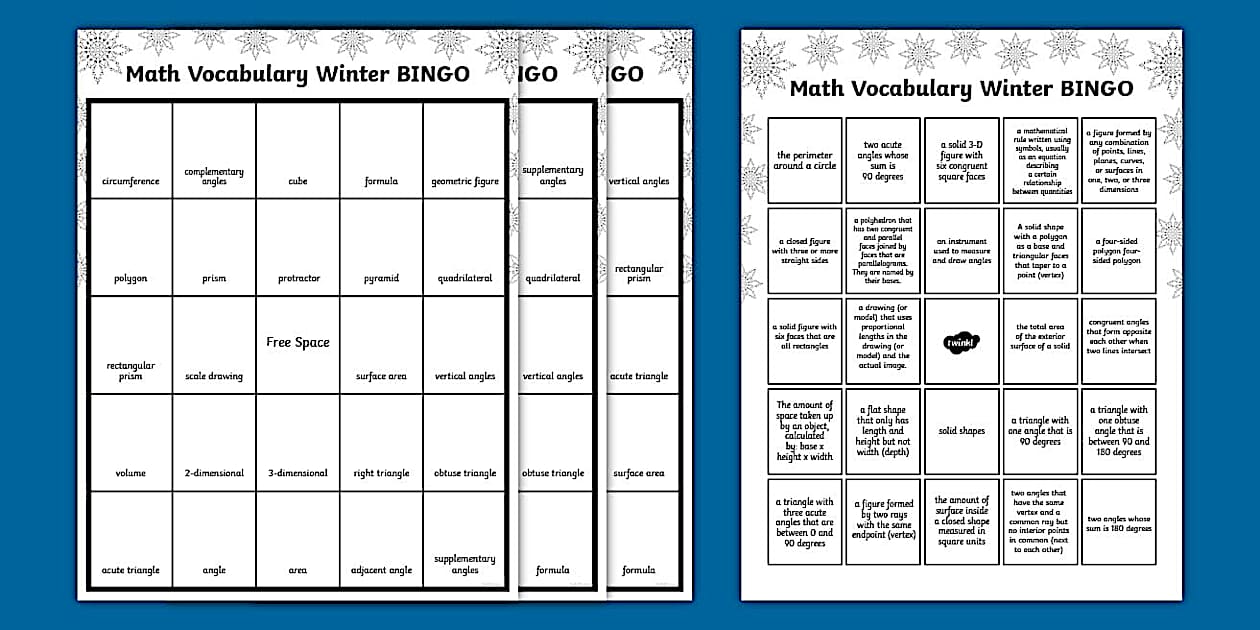 Seventh Grade Math Vocabulary Winter Bingo Game - Twinkl