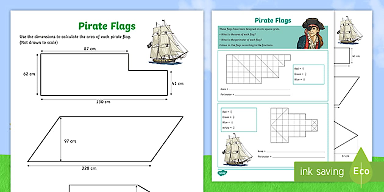 KS2 Summer Themed Area and Perimeter Pirate Flags Worksheets