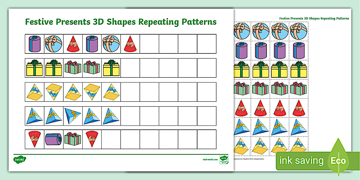 👉 KS1 Festive Presents 3D Shapes Repeating Patterns Activity