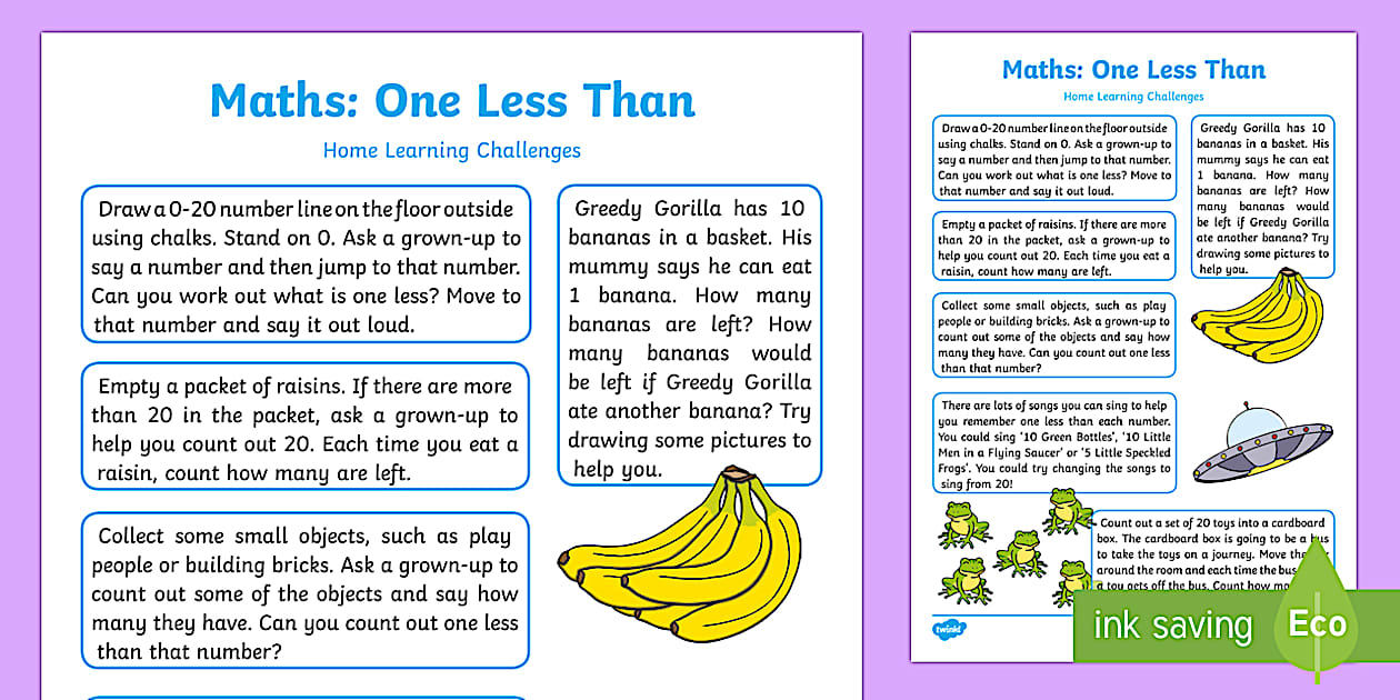 EYFS Maths: One Less Than Home Learning Challenges - Twinkl