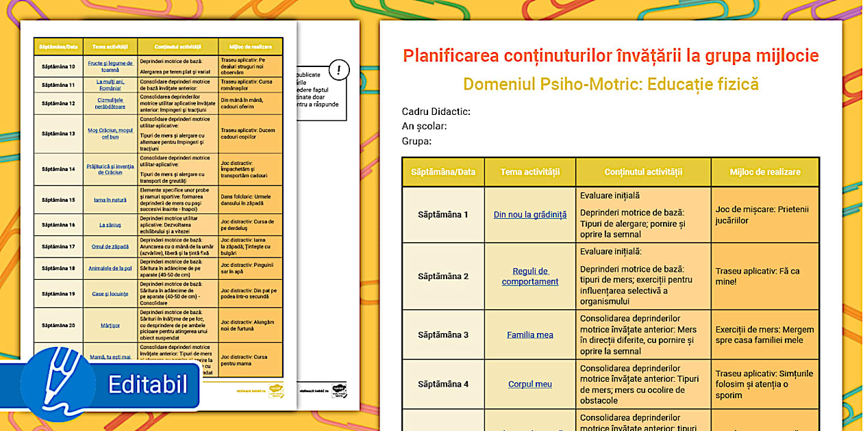 Educație fizică – Planificarea conținuturilor grupa mijlocie