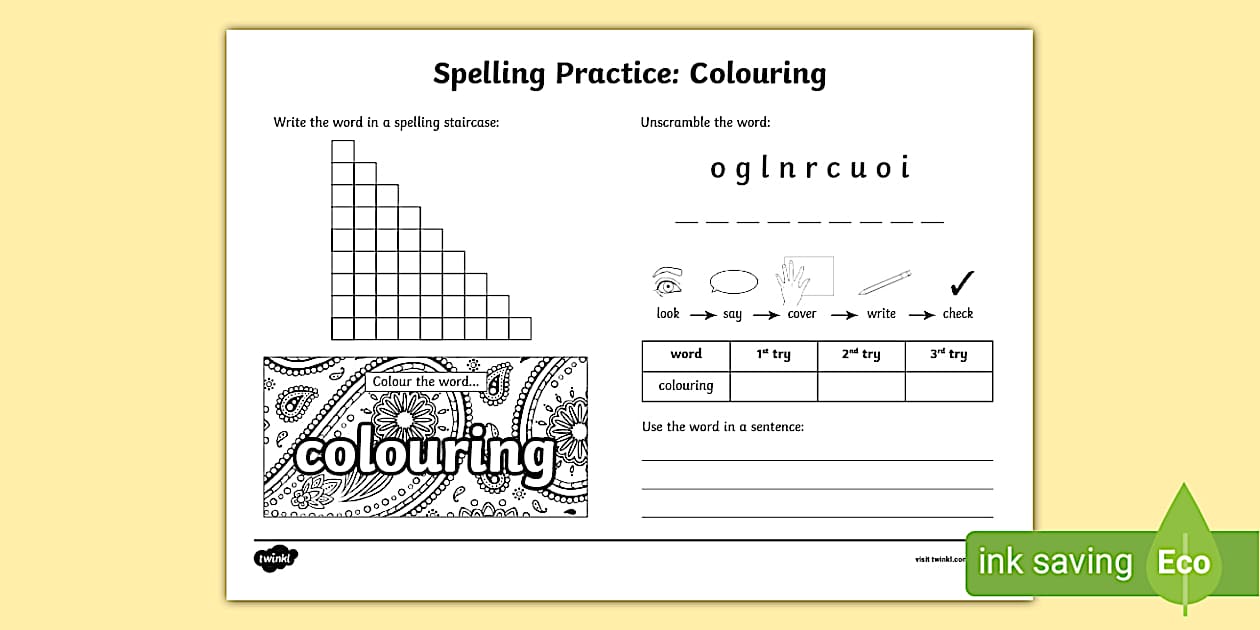 Colouring Spelling Practice Worksheet (Teacher-Made)