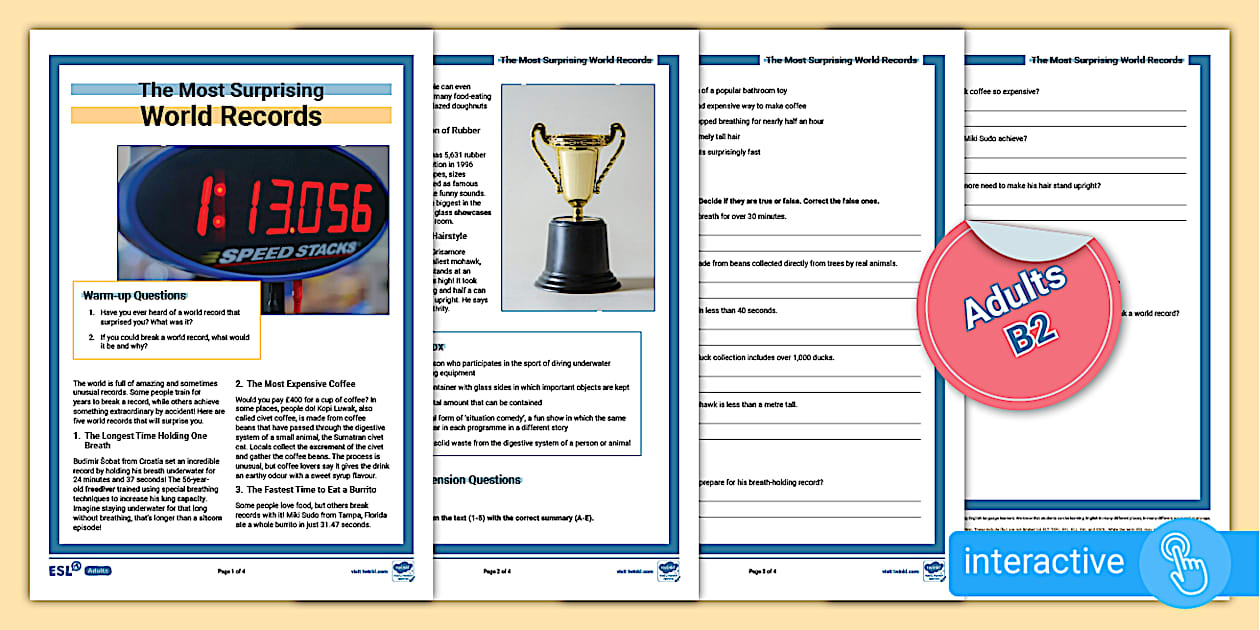Surprising World Records Reading Comprehension [Adults, B2]