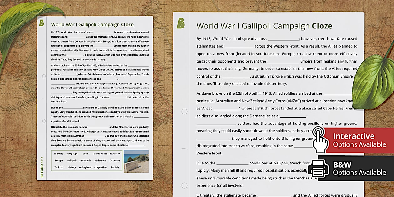 World War I: The Gallipoli Campaign Cloze (teacher made)