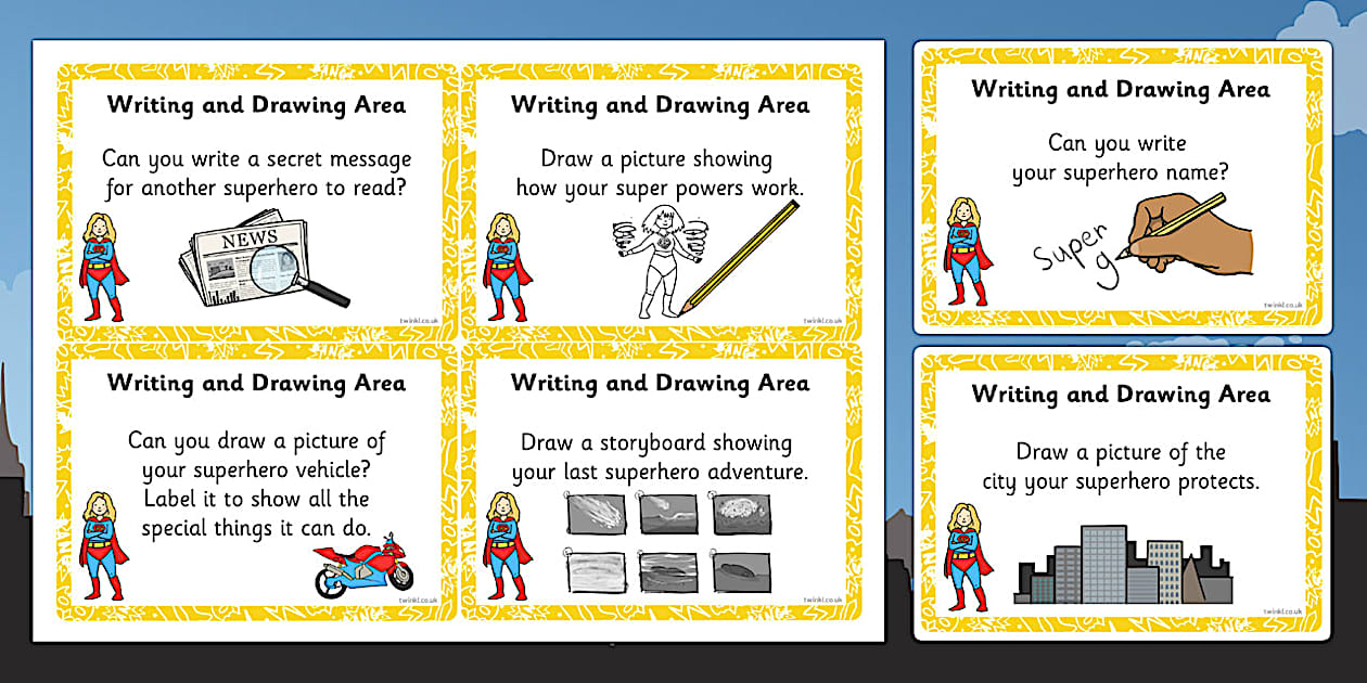 EYFS Superhero Themed Writing and Drawing Area Challenge Cards